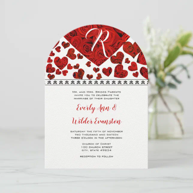Elegant Red Roses and Hearts Wedding Invitation | Zazzle