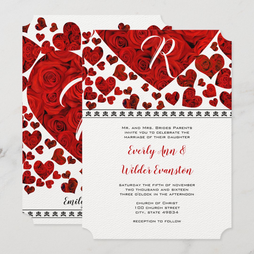 Elegant Red Roses and Hearts Wedding Invitation | Zazzle