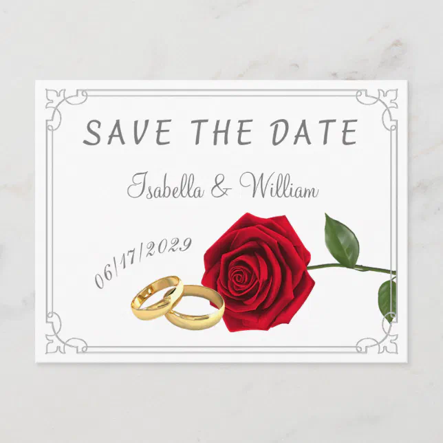 Elegant Red Roses and Rings Wedding Save the Date Postcard | Zazzle