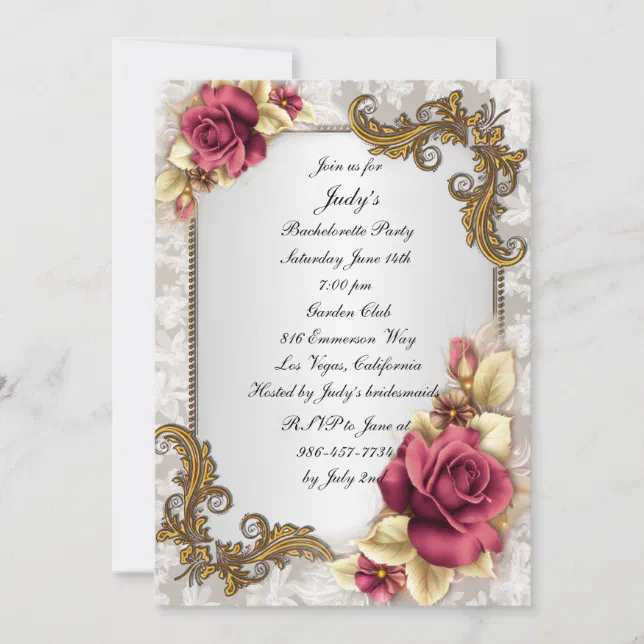 Elegant Red Roses Bachelorette Party Invitation | Zazzle