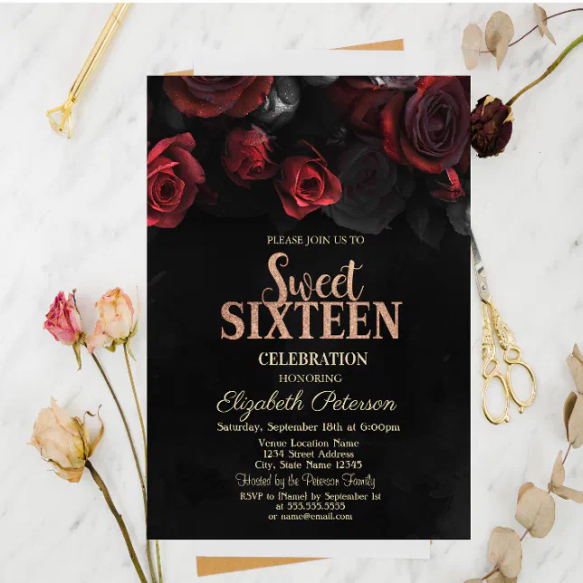 Elegant Red Roses Black Sweet 16 Invitation | Zazzle