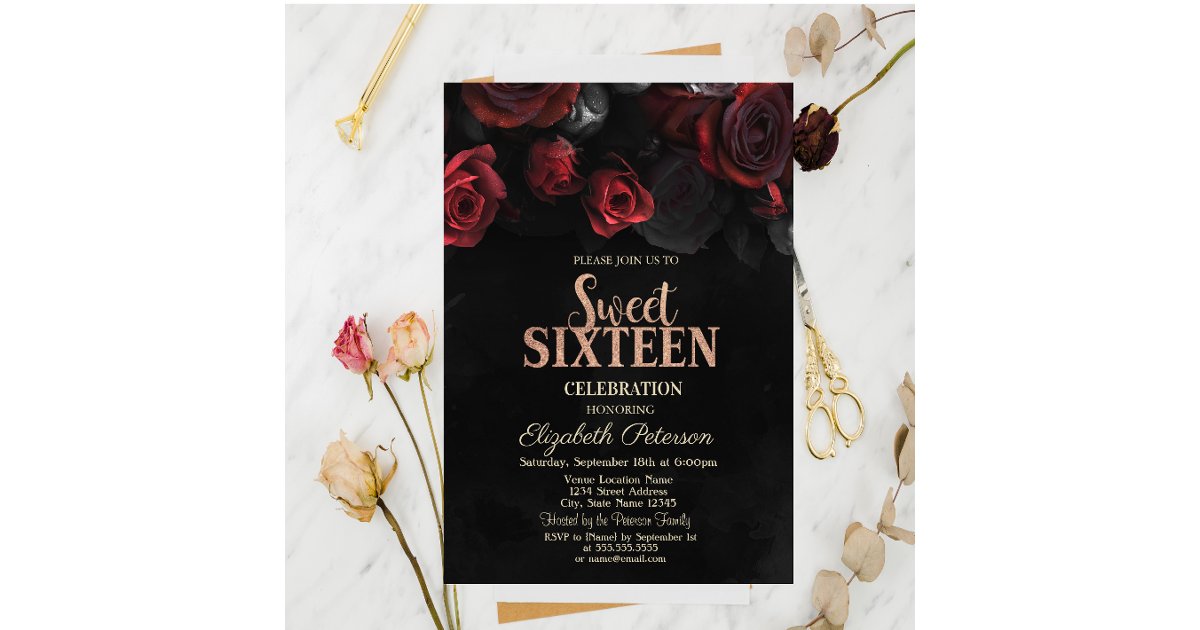 Elegant Red Roses Black Sweet 16 Invitation | Zazzle