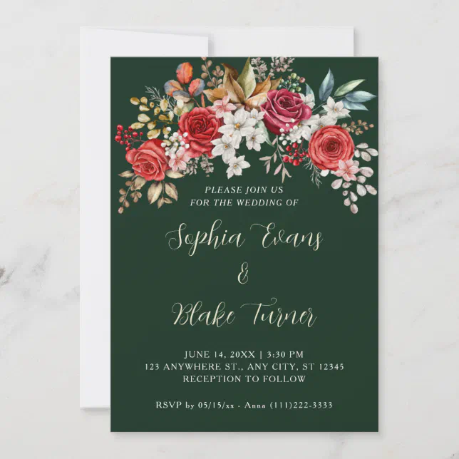 Elegant Red Roses Floral Dark Green Wedding Invitation | Zazzle