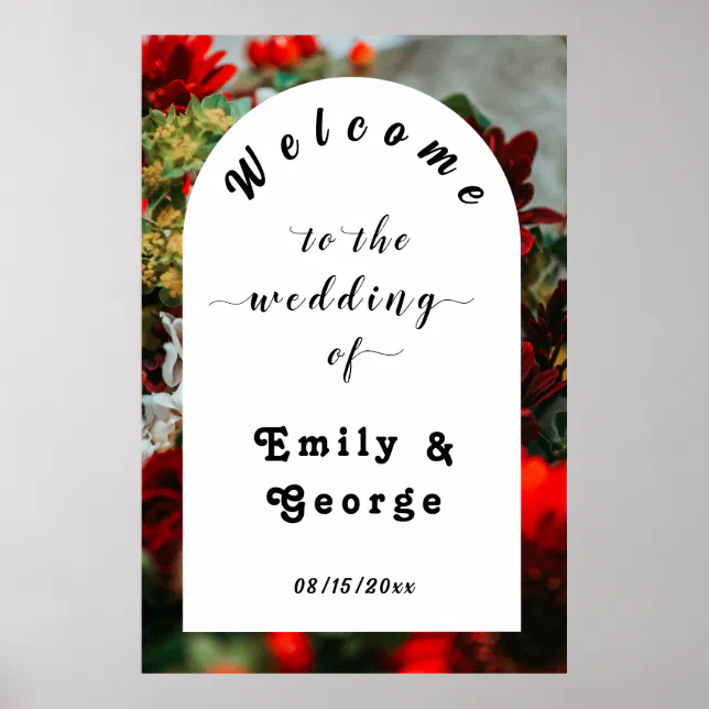 Elegant red roses floral Wedding Welcome Poster | Zazzle