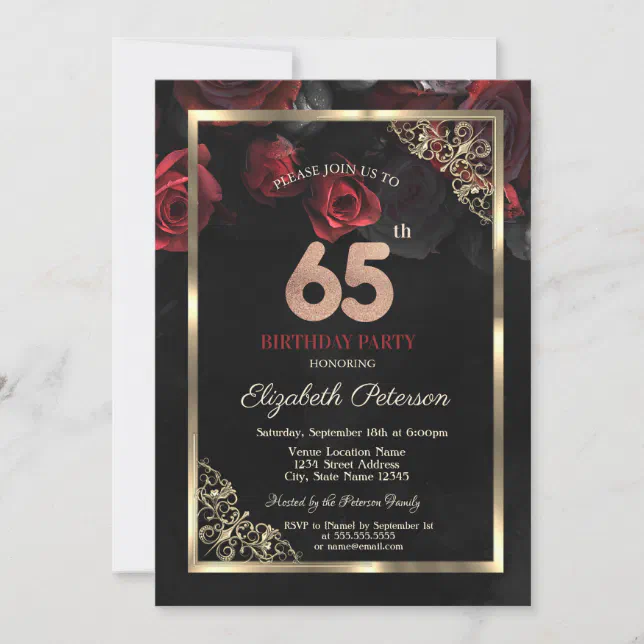 Elegant Red Roses Frame Black 65th Birthday Invitation | Zazzle