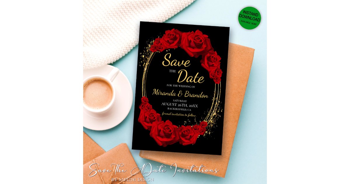 Elegant Red Roses Gold Frame Wedding Save the Date Invitation | Zazzle