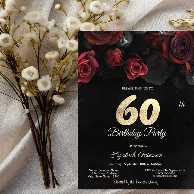 Elegant Red Roses Gothic 60th Birthday Invitation | Zazzle