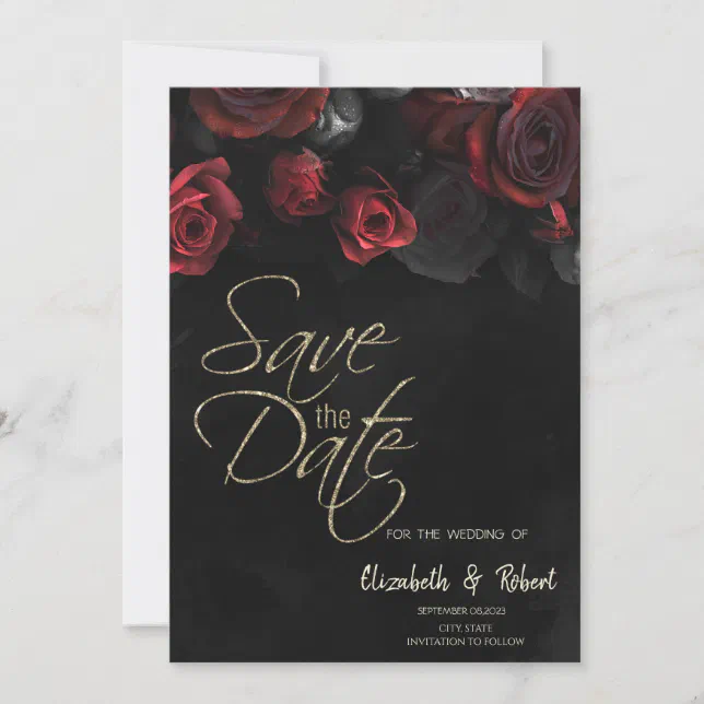Elegant Red Roses Gothic Save The Date Card | Zazzle