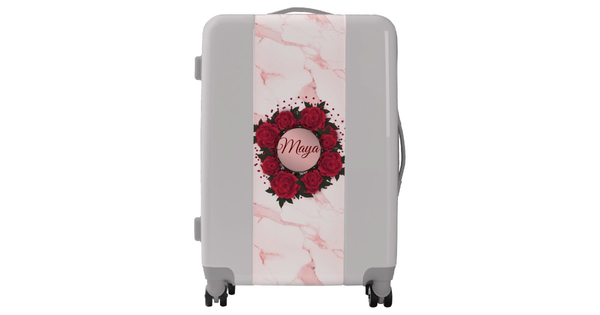Elegant Red Roses on Pink Marble Luggage | Zazzle