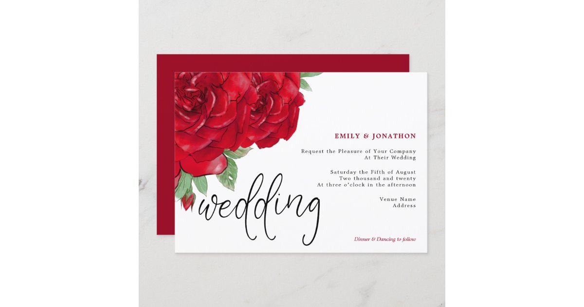 Elegant Red Roses Script Typography Wedding Invitation | Zazzle