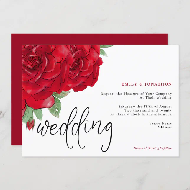 Elegant Red Roses Script Typography Wedding Invitation | Zazzle
