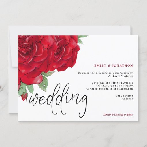Elegant Red Roses Script Typography Wedding Invitation | Zazzle