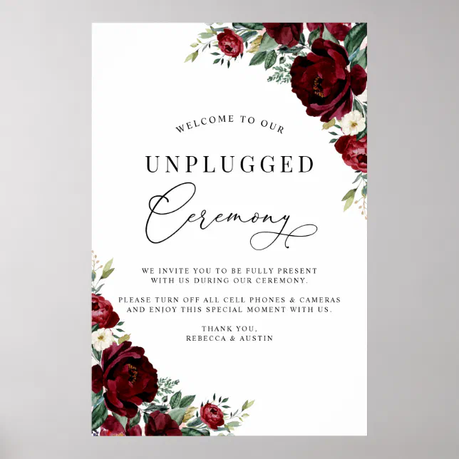 Elegant Red Roses Unplugged Ceremony Wedding Sign | Zazzle
