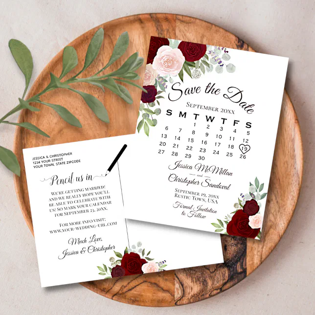 Elegant Red Roses Wedding Save the Date Calendar Announcement Postcard ...