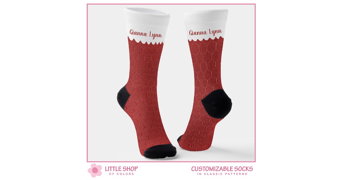 Elegant Red Scalloped Border Personalized Socks | Zazzle