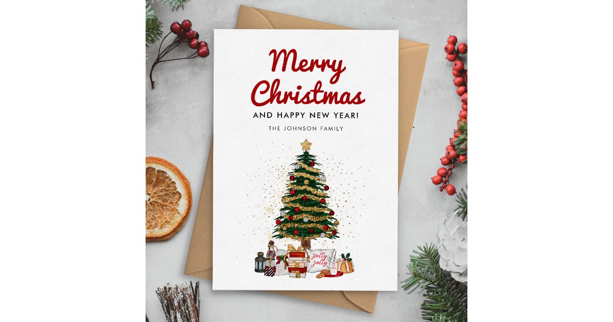 Elegant Red Script Christmas Tree Holiday Card | Zazzle
