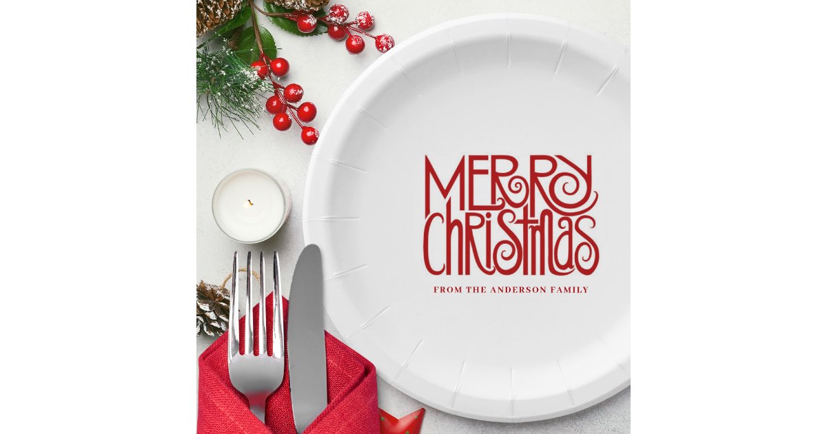 Elegant Red Script Merry Christmas Custom Paper Plates | Zazzle