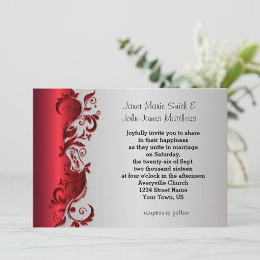 Elegant Red & Silver Florid Wedding Design Invitation | Zazzle
