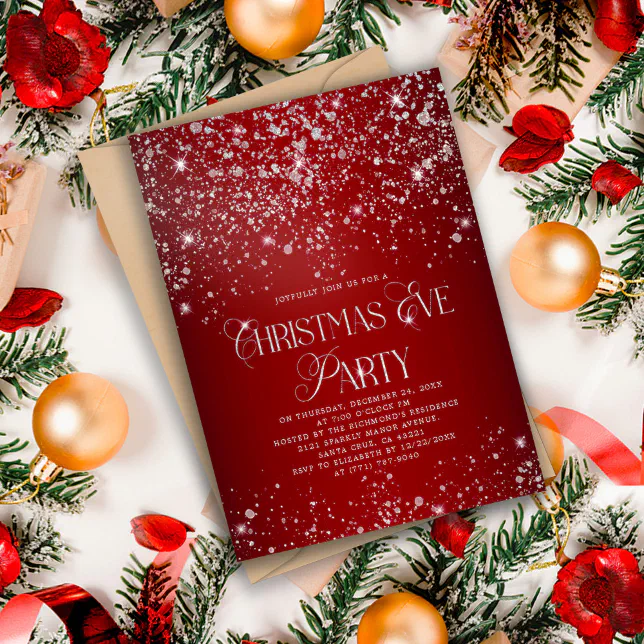 Elegant Red Silver Glitter Christmas Eve Party Invitation | Zazzle
