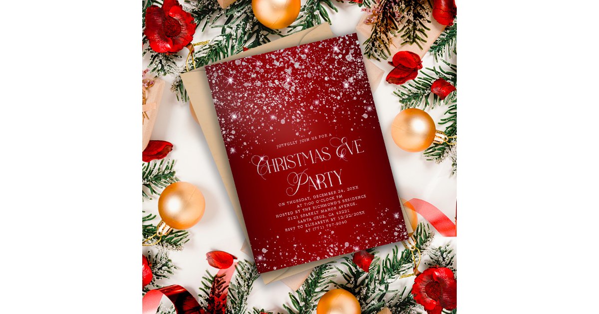Elegant Red Silver Glitter Christmas Eve Party Invitation | Zazzle