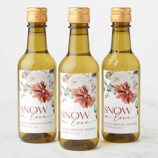 Elegant Red Snow in Love Winter Bridal Shower Wine Label | Zazzle