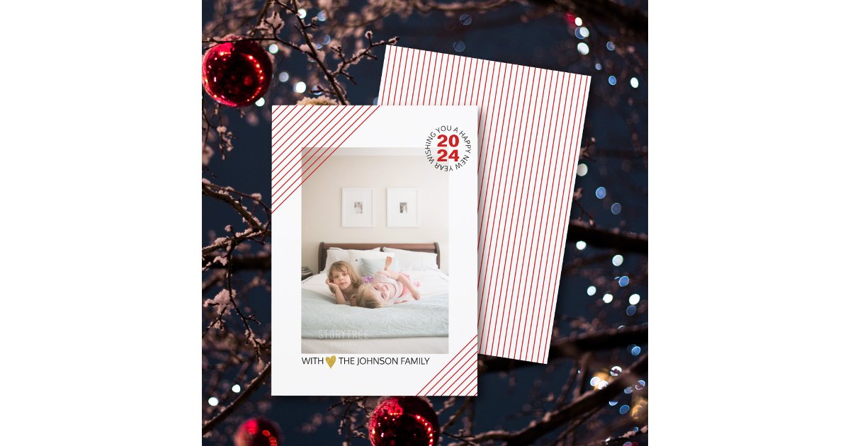 Elegant red stripes New Years 2024 red photo Holiday Card | Zazzle