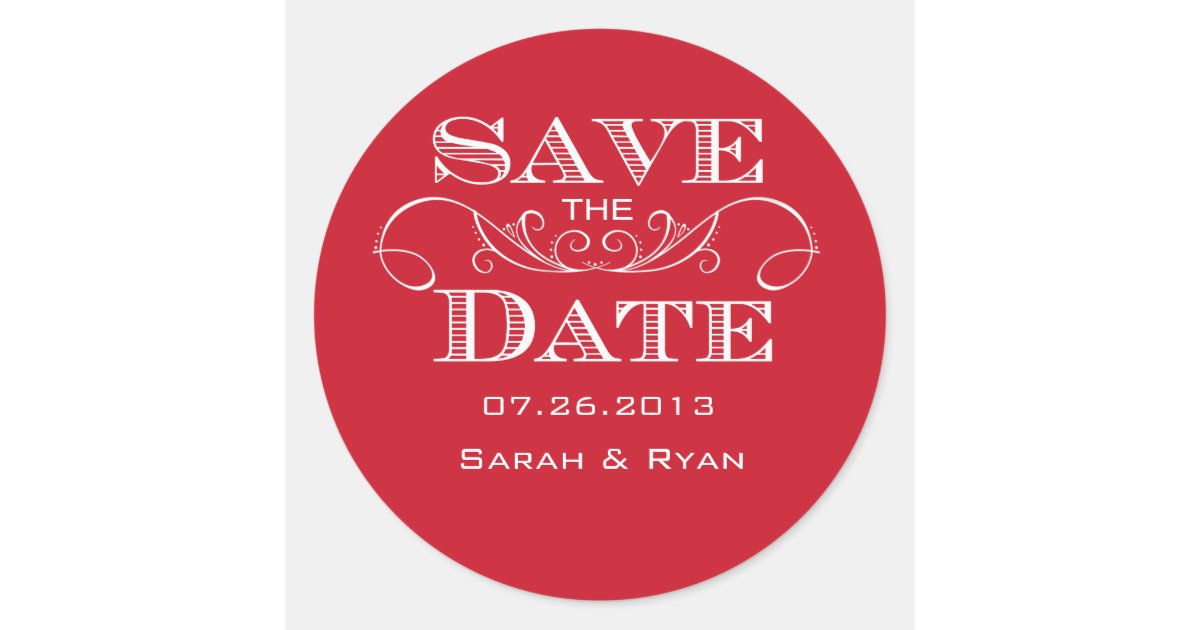 Elegant Red Swirl Save the Date Sticker | Zazzle