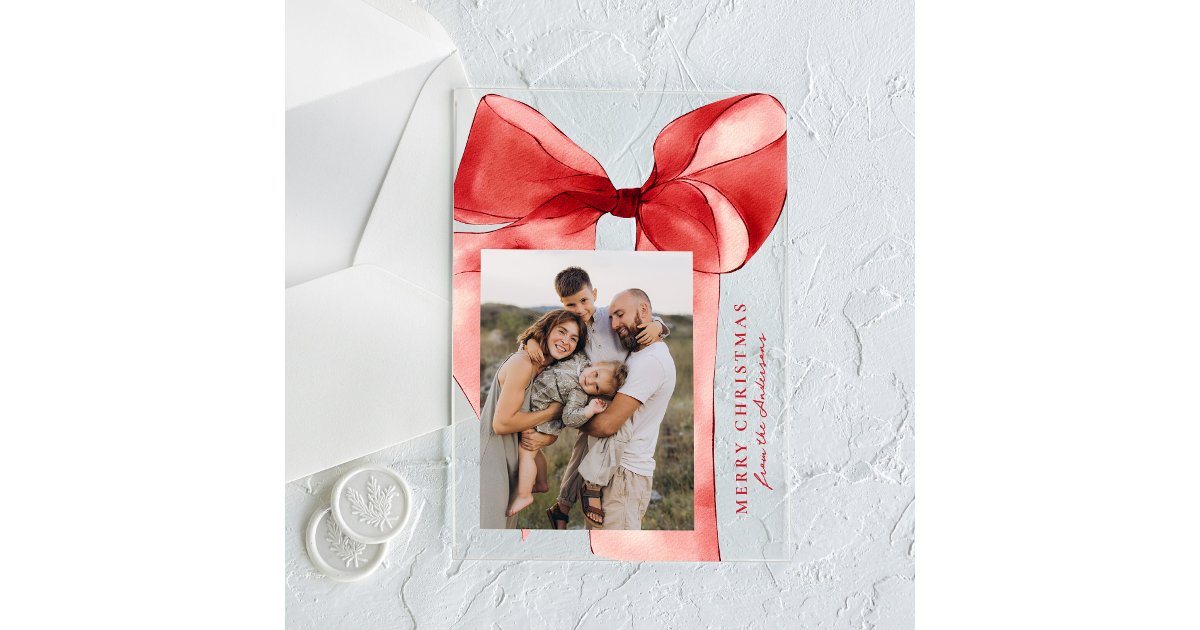 Elegant Red Watercolor Bow Photo Holiday Card Acrylic Invitations | Zazzle