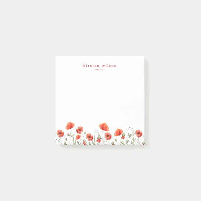 Elegant Red Watercolor Poppy Flowers Personalized Post-it Notes | Zazzle