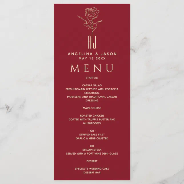 Elegant Red Wedding Menu | Zazzle