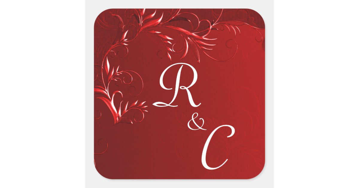 Elegant Red Wedding Monogrammed Square Sticker | Zazzle