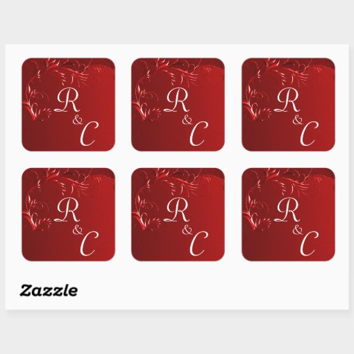Elegant Red Wedding Monogrammed Square Sticker | Zazzle