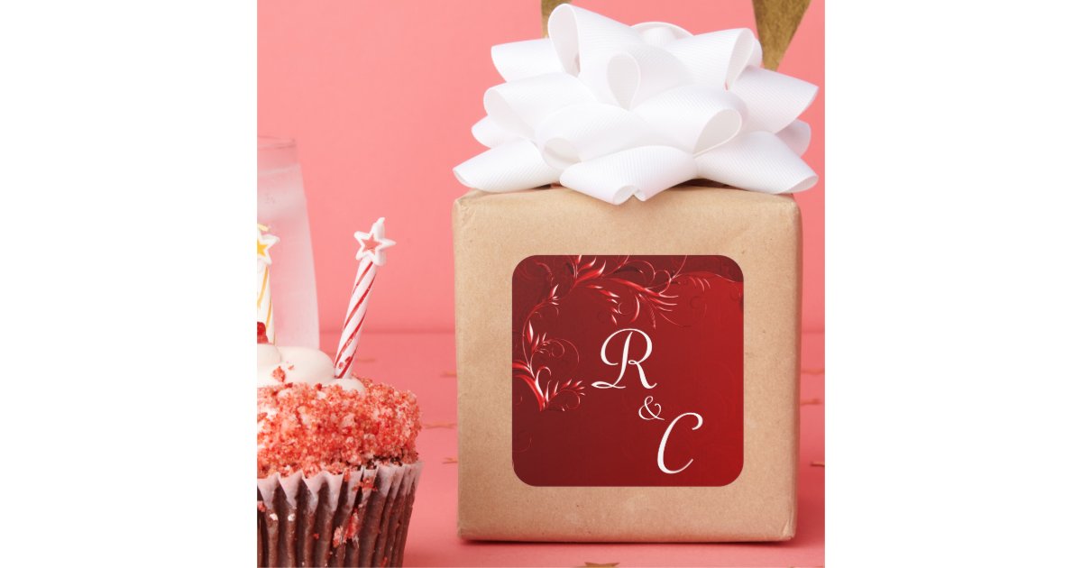 Elegant Red Wedding Monogrammed Square Sticker | Zazzle