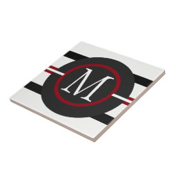 Elegant Red, White & Black Lines With Monogram Ceramic Tile | Zazzle