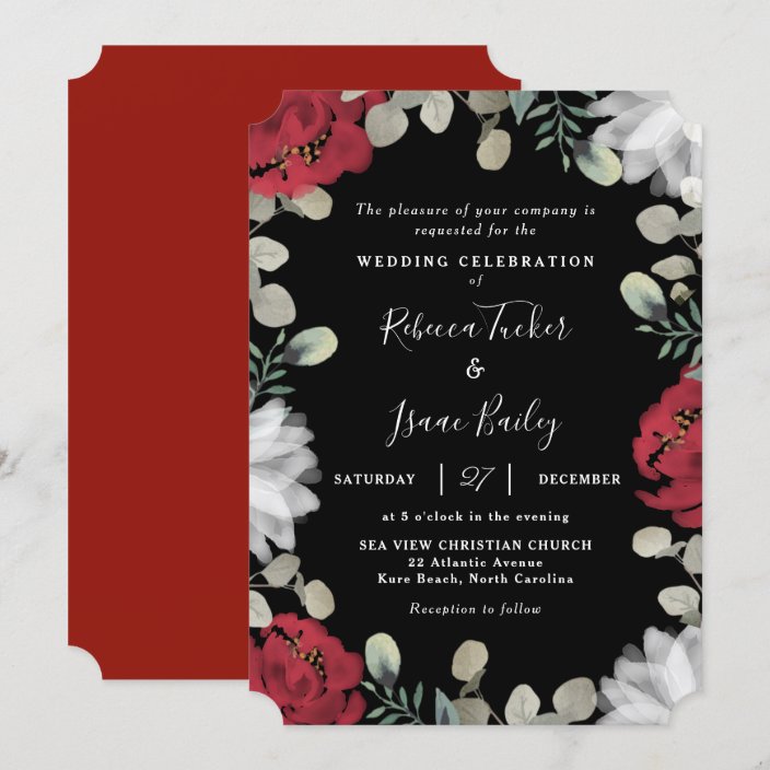 Elegant Red & White Floral Greenery Black Wedding Invitation | Zazzle.com