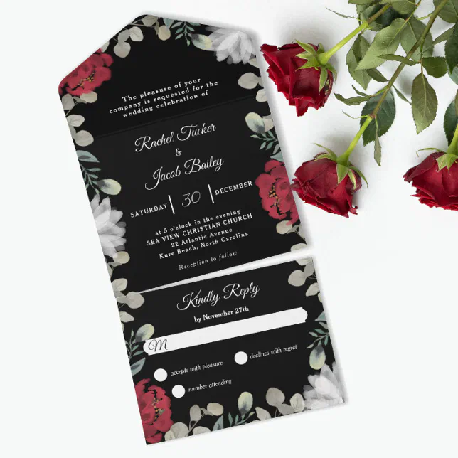 Elegant Red White Floral Greenery Wedding All In One Invitation | Zazzle