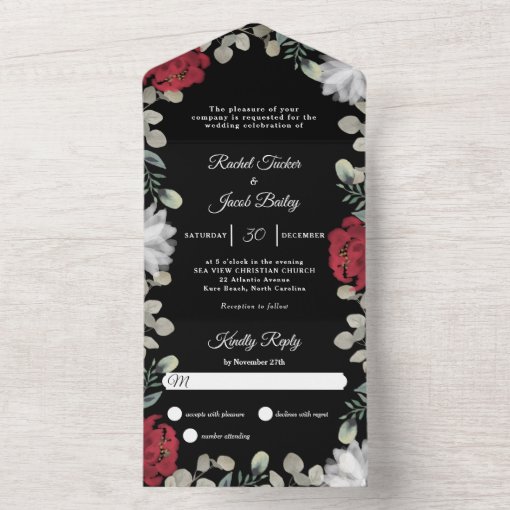 Elegant Red White Floral Greenery Wedding All In One Invitation | Zazzle