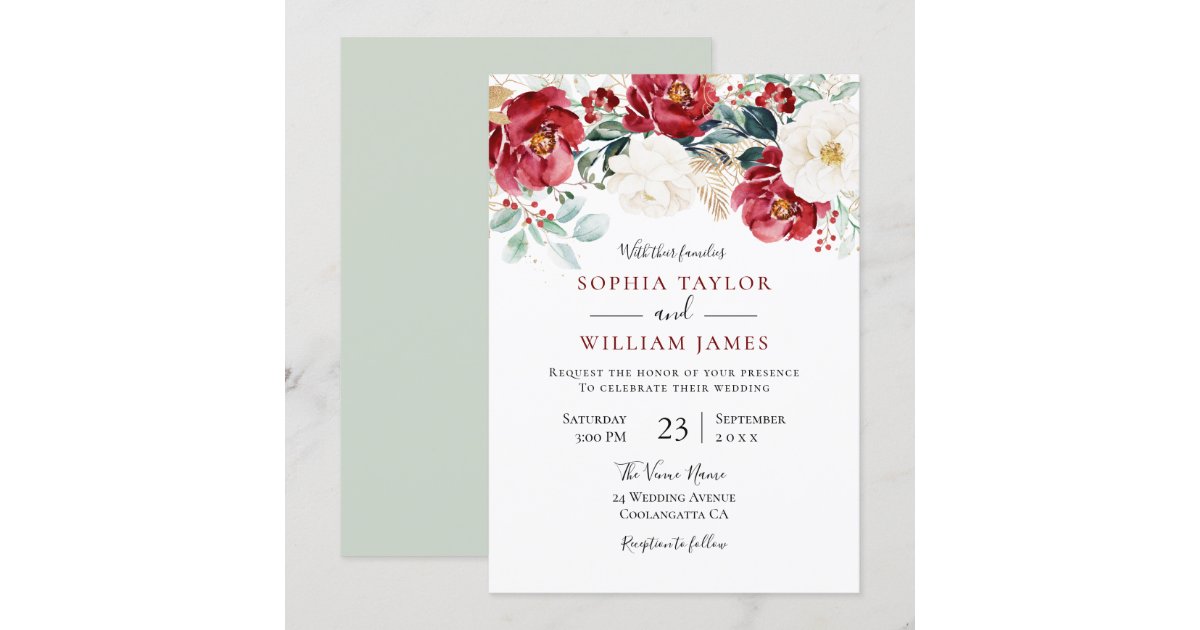 Elegant Red White Green Floral Holiday Wedding Invitation | Zazzle