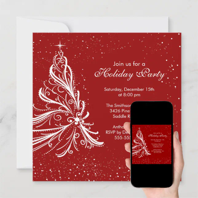 Elegant Red & White Holiday Christmas Party Invitation | Zazzle