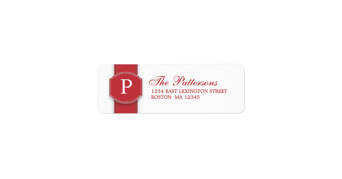 Elegant Red & White Monogram Ribbon Address Label | Zazzle