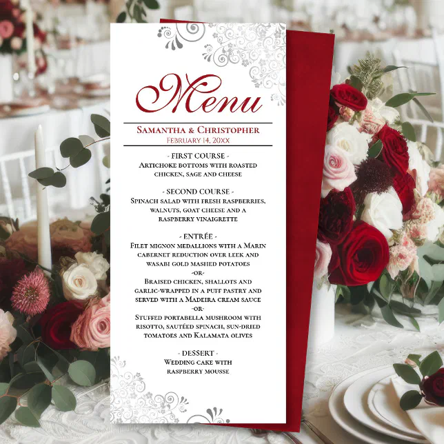 Elegant Red with Silver Swirls on White Wedding Menu | Zazzle