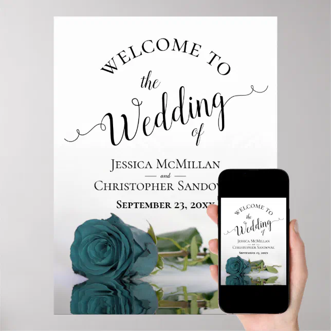 Elegant Reflecting Teal Rose Chic Wedding Welcome Poster | Zazzle