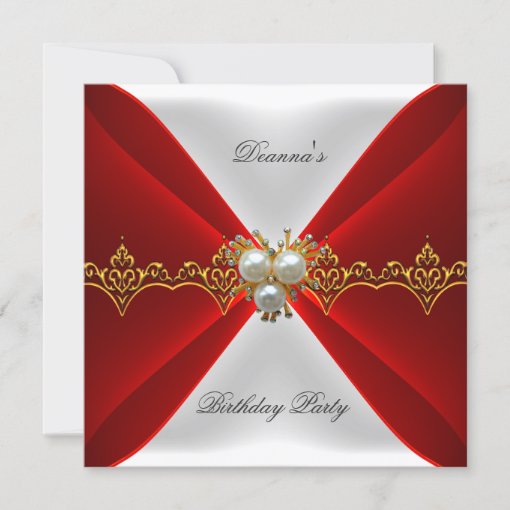 Elegant Regal Red Birthday Gold Jewel White Silk Invitation | Zazzle