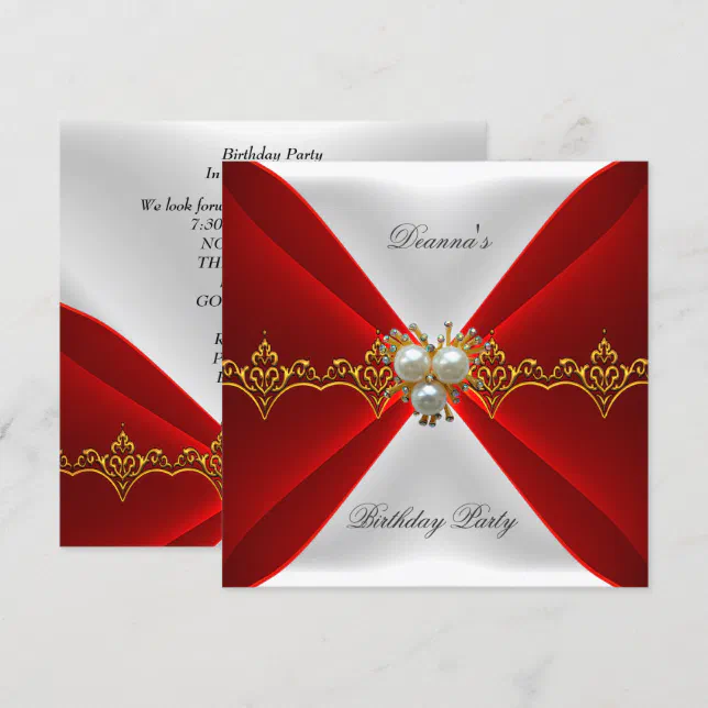 Elegant Regal Red Birthday Gold Jewel White Silk Invitation | Zazzle