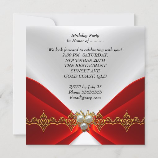 Elegant Regal Red Birthday Gold Jewel White Silk Invitation | Zazzle