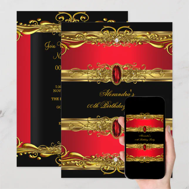 Elegant Regal Red Black Gold Birthday Party Invitation | Zazzle