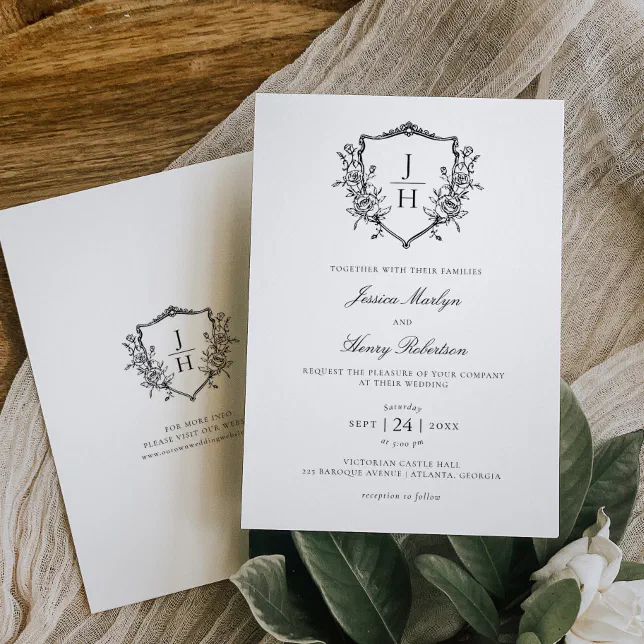Elegant Regency Floral Crest Monogram Wedding Invitation | Zazzle