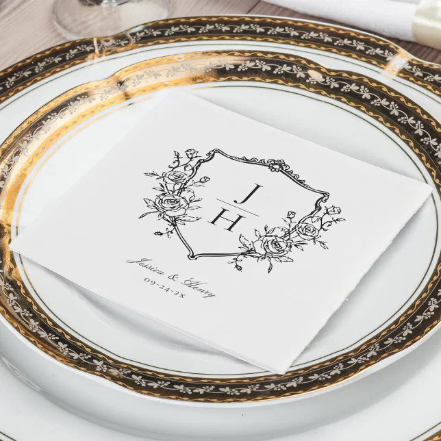 Elegant Regency Floral Crest Monogram Wedding Napkins | Zazzle