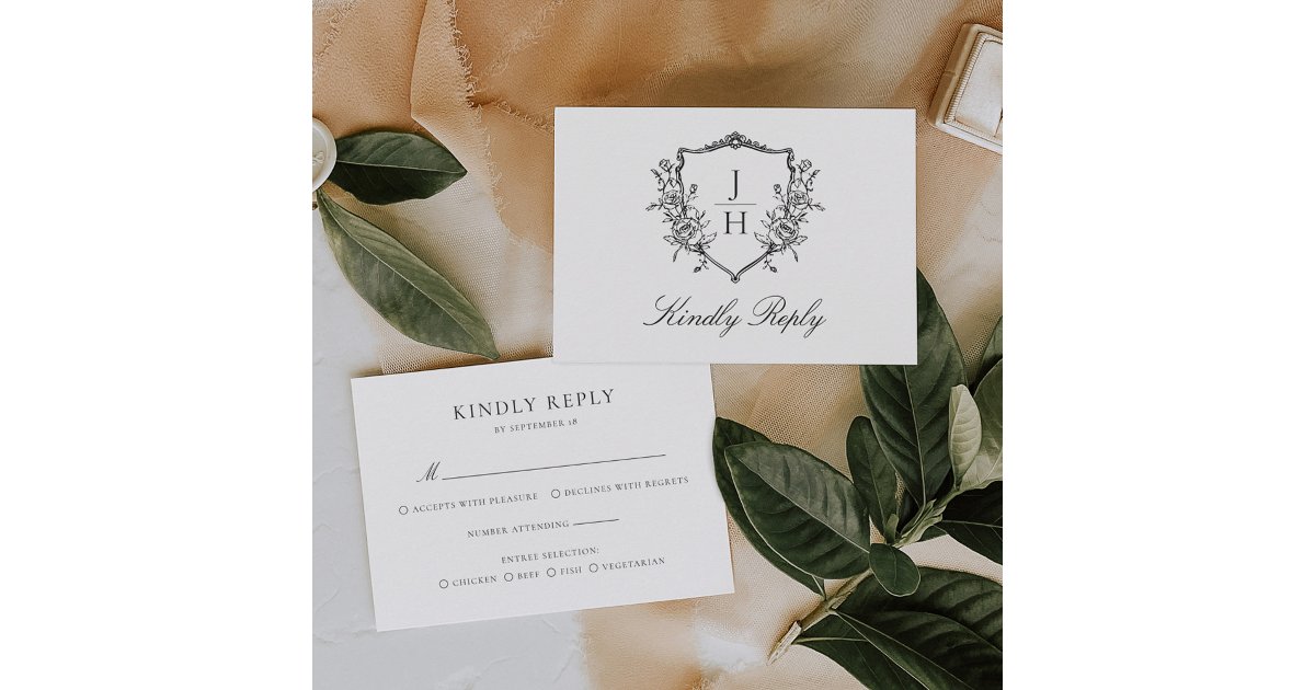 Elegant Regency Floral Crest Monogram Wedding RSVP Card | Zazzle