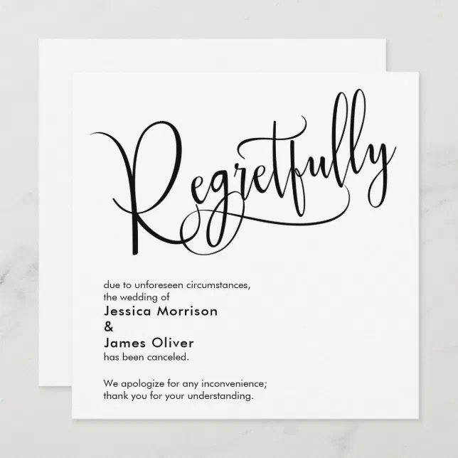 Elegant "Regretfully" Canceled Wedding Card | Zazzle